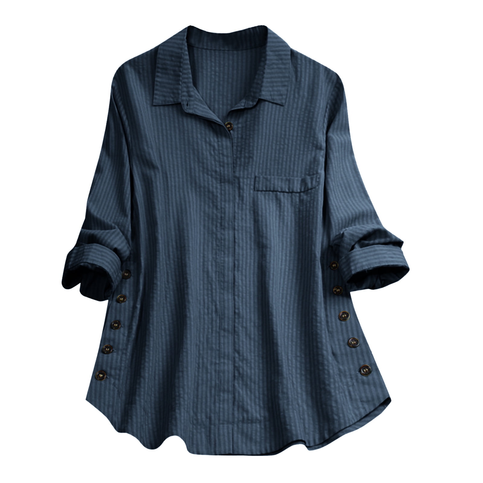 Women's Collared Button-Down Blouse Casual Long-Sleeved Side Button ...