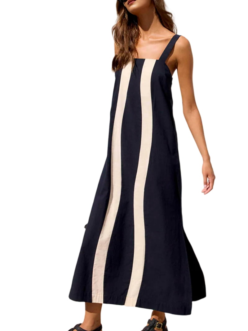 Women's Color Block Maxi Dress Sleeveless Striped Flowy Square Neck ...