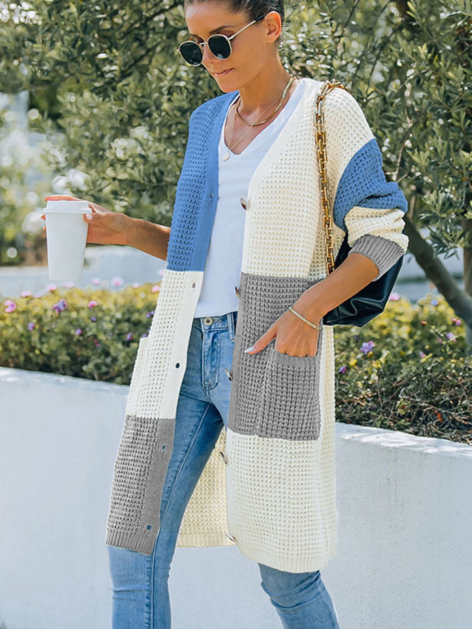 Women's Color Blocked Long Sleeve Knit Chunky Cardigan with Two Pockets ...