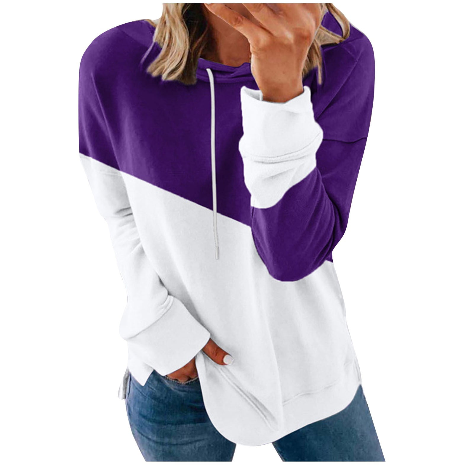 Women's Colorblock Pullover Hooded Sweatshirts Long Sleeve Drawstring ...