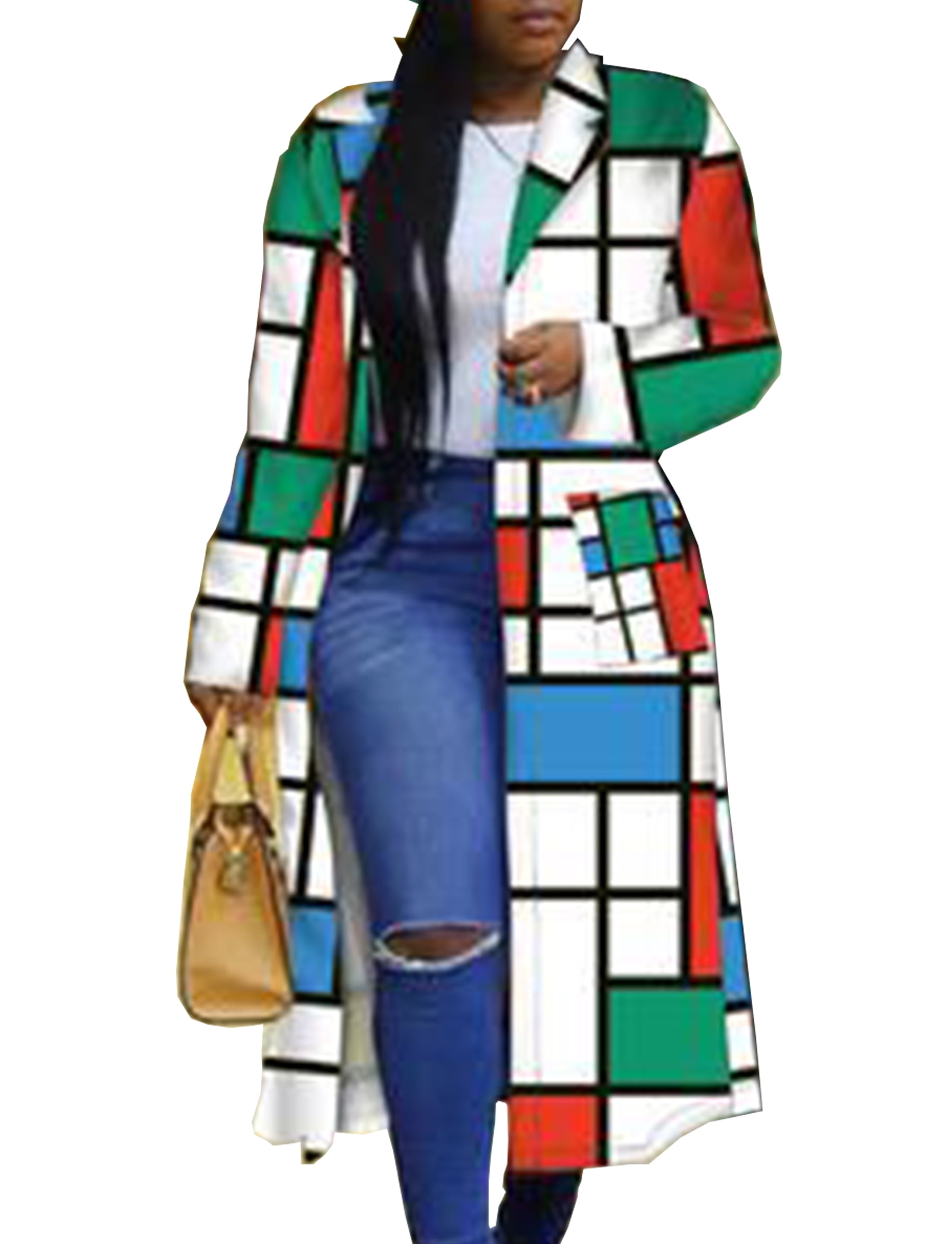 Women's Colored Geo Turn Down Collar Trench Coat Colorful Outerwear ...