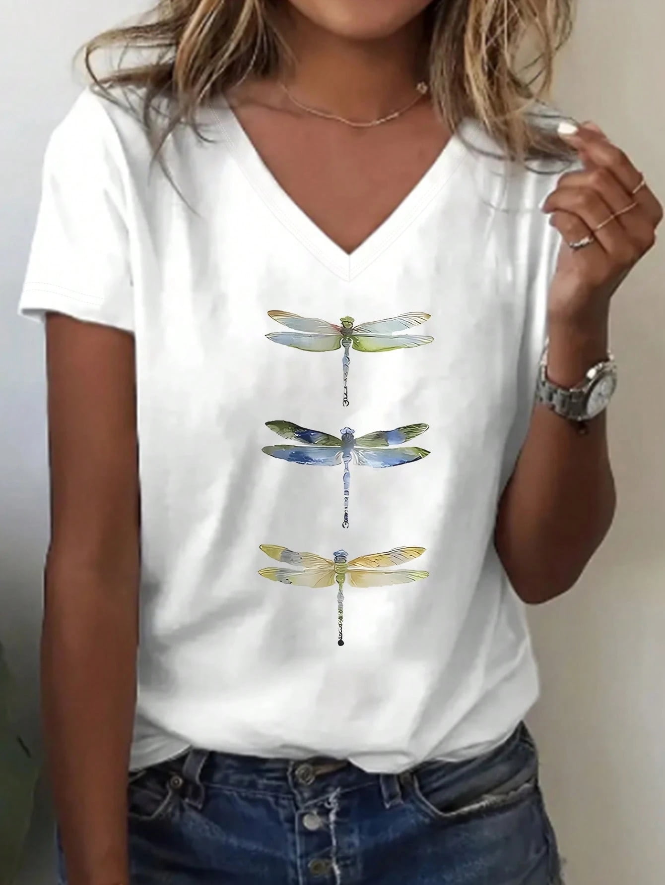Women's Colorful Dragonfly Print Casual V-Neck Short Sleeve T-Shirt ...