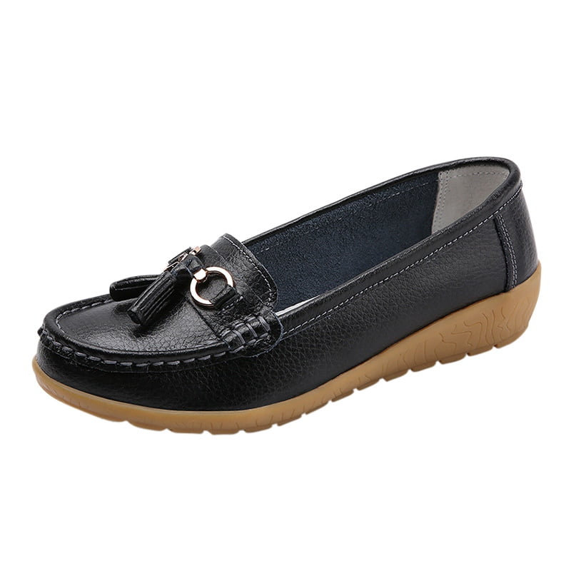 Women's Comfortable Leather Loafers Casual Round Toe Moccasins Wild Driving Flats Soft Walking ...