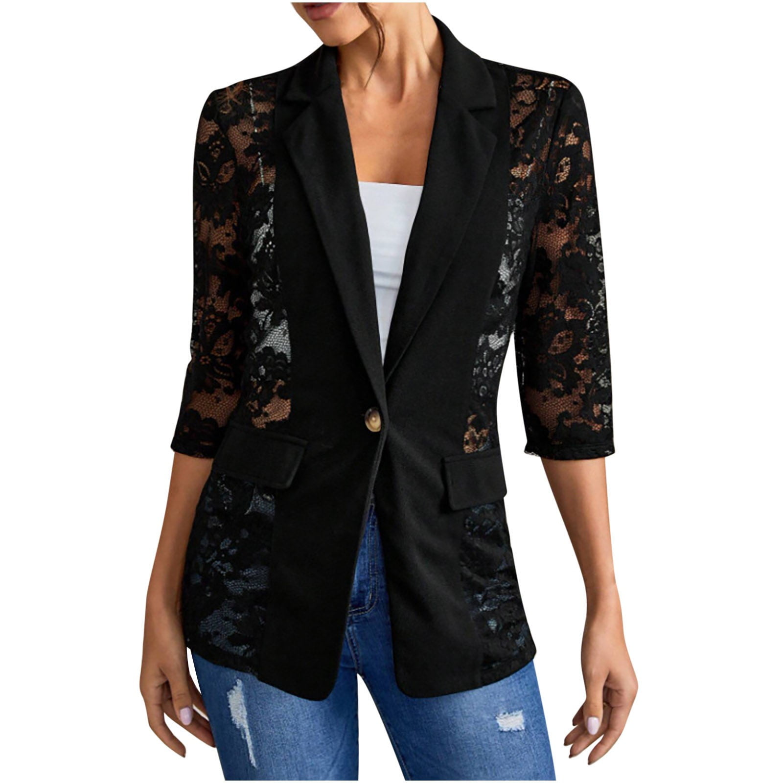 Women's Contrast Lace Waistcoat 3/4 Sleeve Single Button Open Front ...