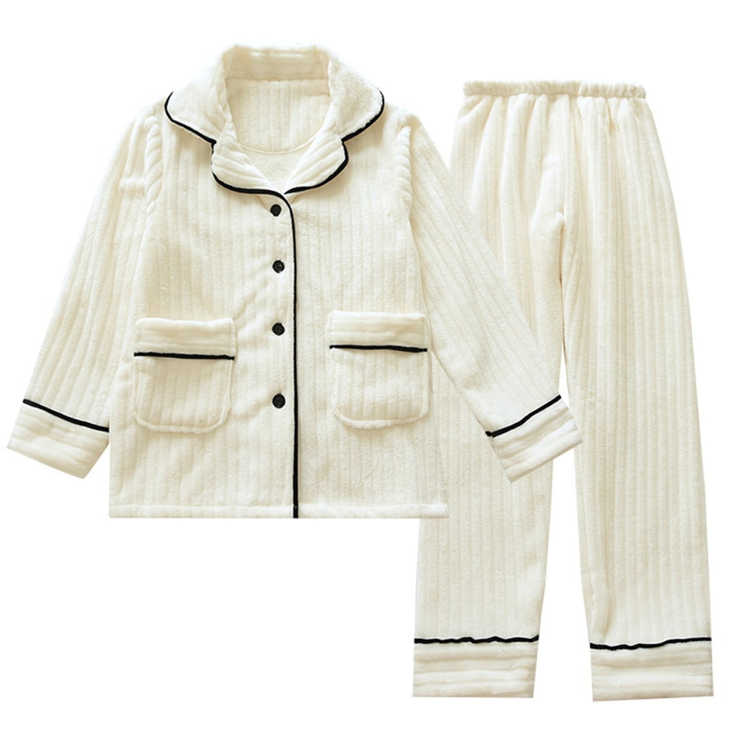 Women's Coral Fleece Pajamas Flannel Sleepwear Soft Pajamas Set Warm Loungewear 2 Piece Long ...