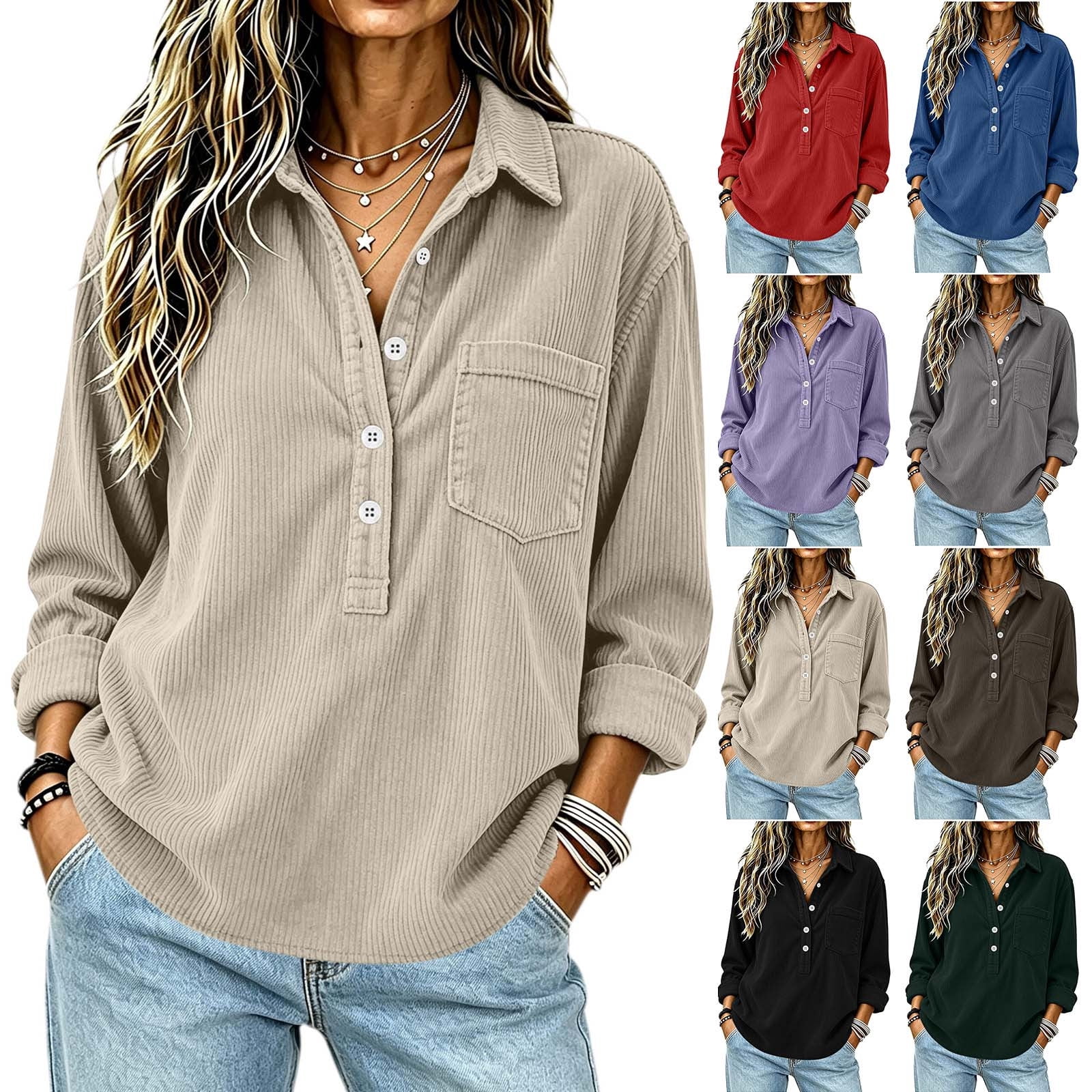Womens Corduroy Button Down Shirt Collared Half Placket Pullover With