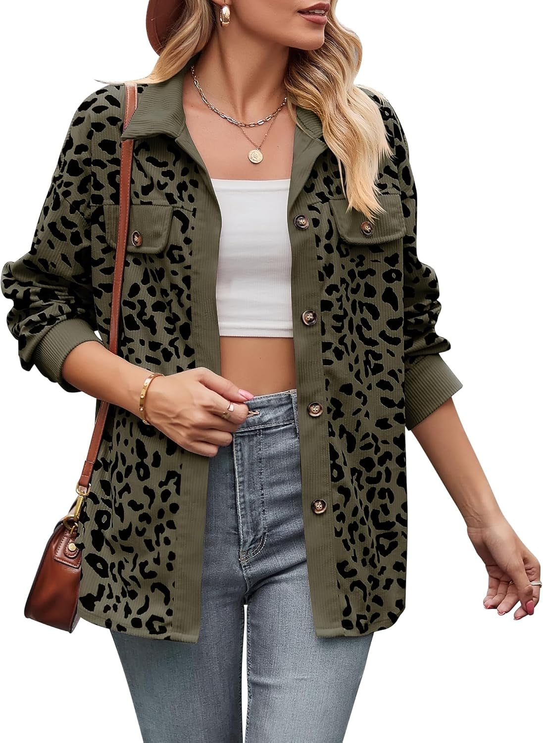 Women's Corduroy Leopard Print Shacket Long Sleeve Button Down Casual Lightweight Fall Jacket ...