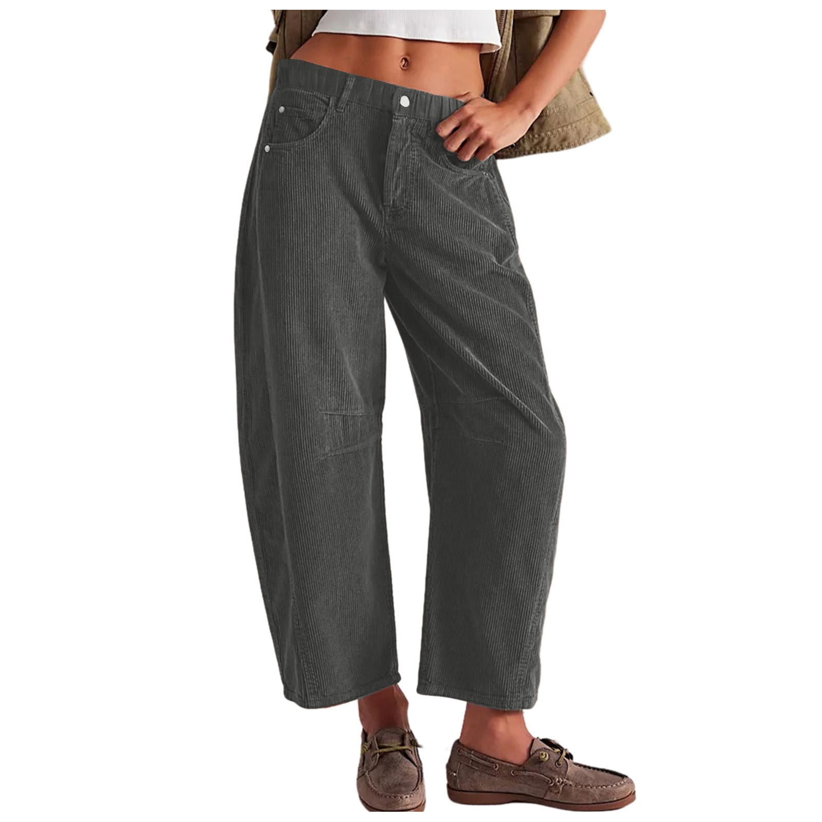 Women's Corduroy Pants Barrel Mid Rise Elastic Waist Cord Pants Casual ...