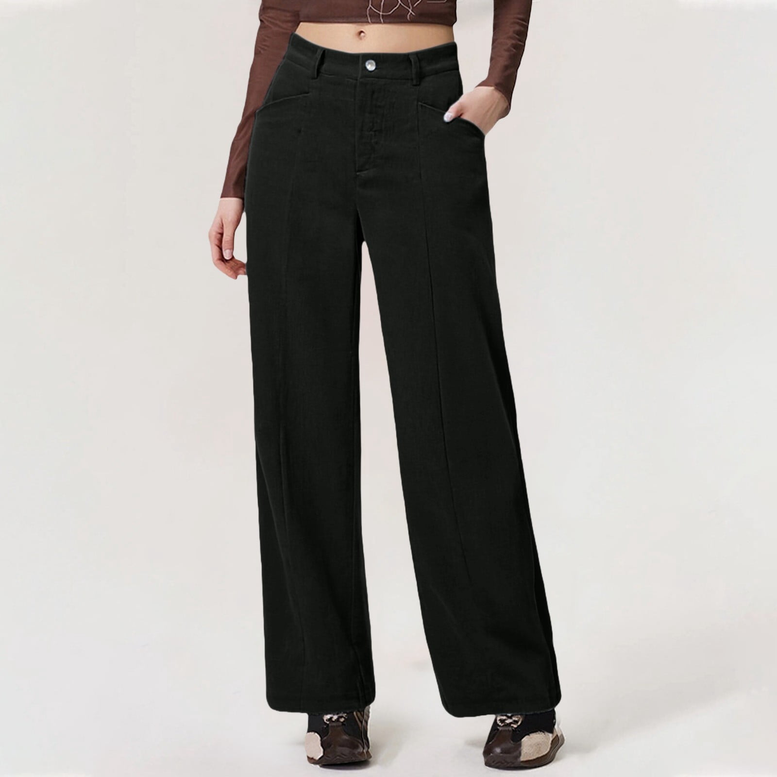 Women's Corduroy Wide Leg Pants, High Waist Straight Leg Trousers with ...