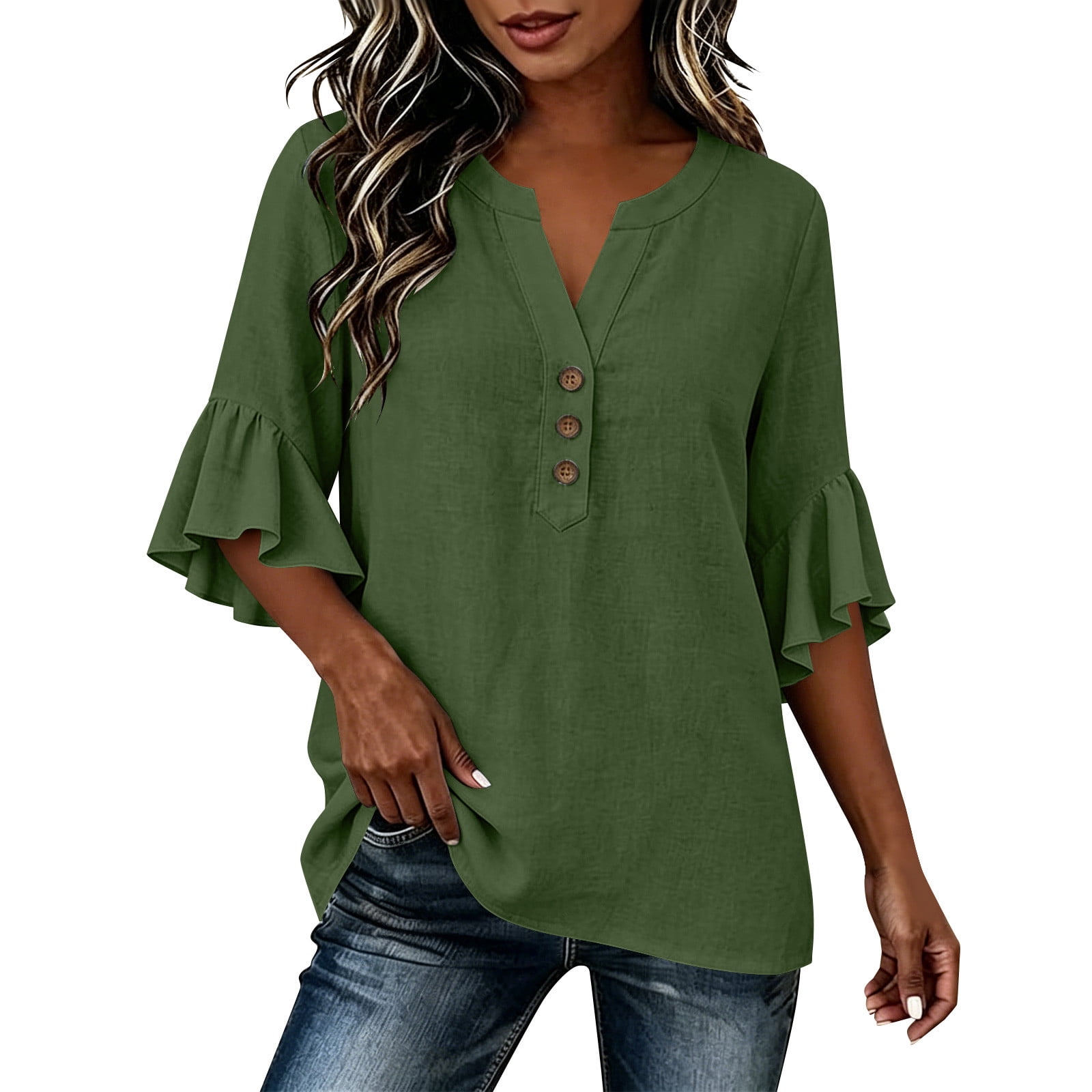 Women's Cotton Bell Sleeve Shirts Summer Fashion Notch V-Neck Button ...