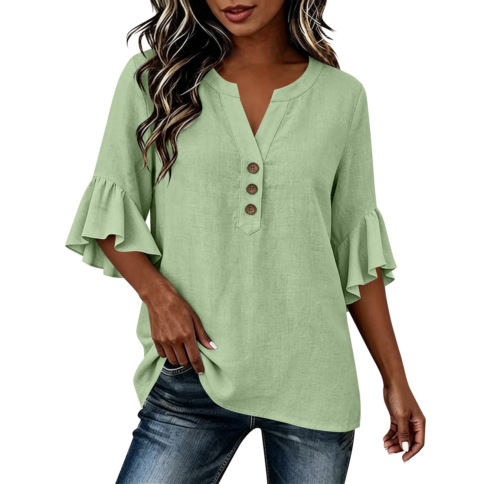 Women's Cotton Bell Sleeve Shirts Summer Fashion Notch V-Neck Button ...