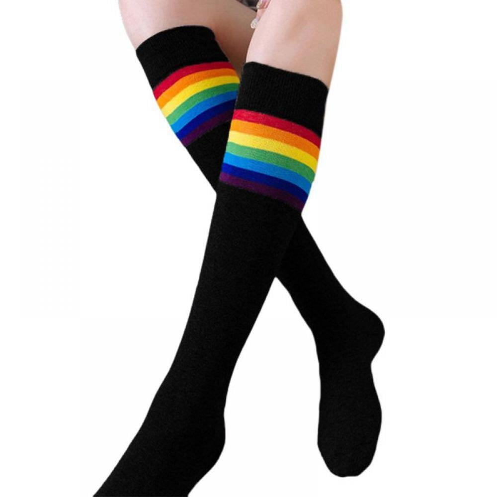 Women's Cotton Colorful Striped Rainbow Knee High Socks 1 Pairs ...