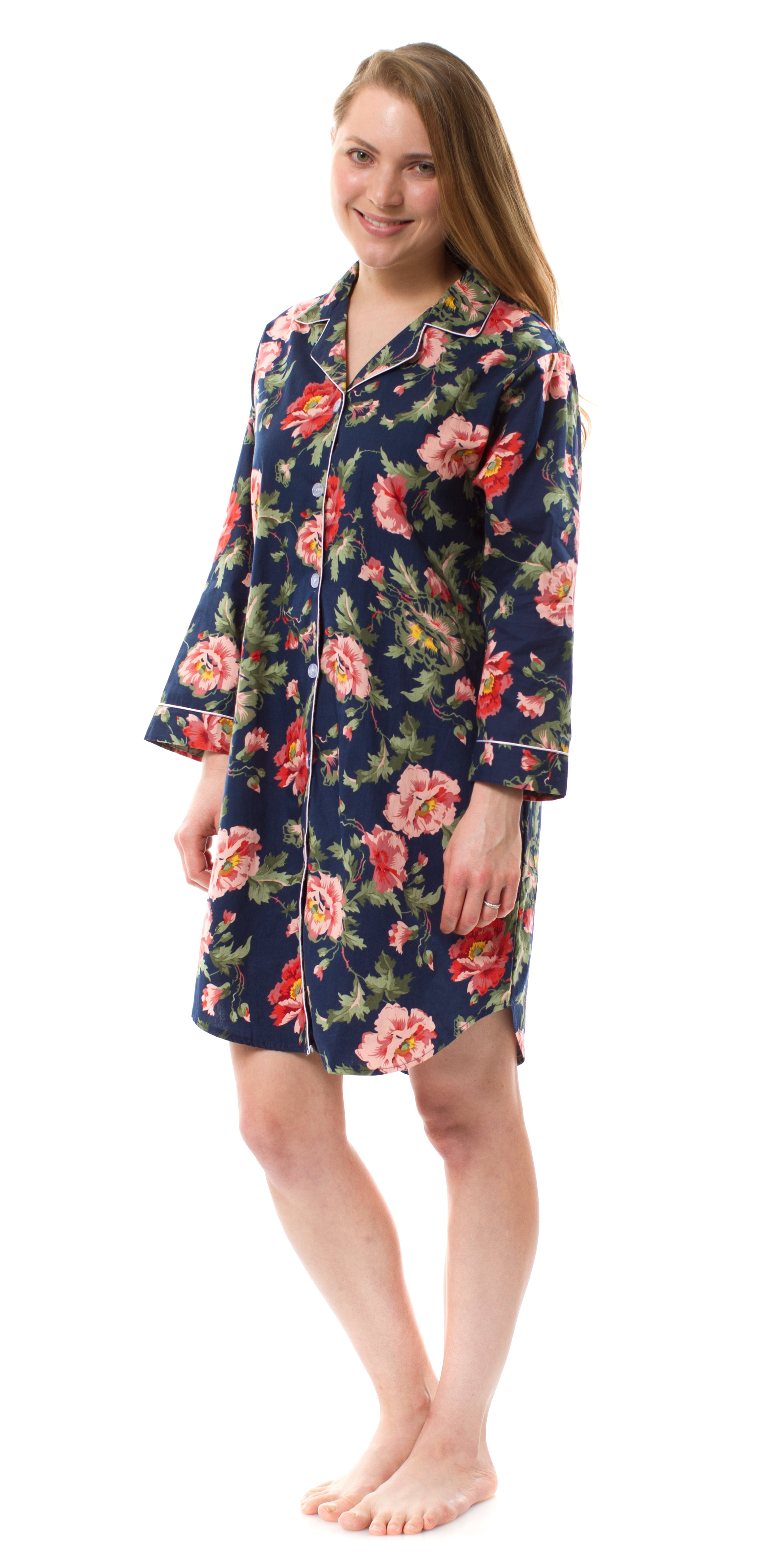 Women's Cotton Floral Button Robe Nightshirt, Cotton Poplin Nightshirt ...