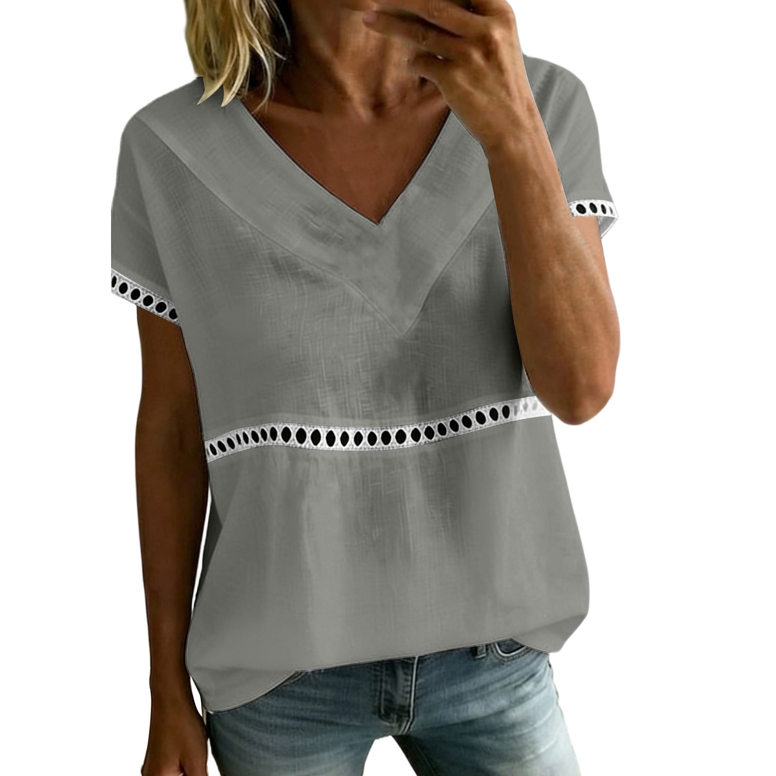 Women's Cotton Lace Accent Shirts Summer Airy V-Neck Short Sleeve ...