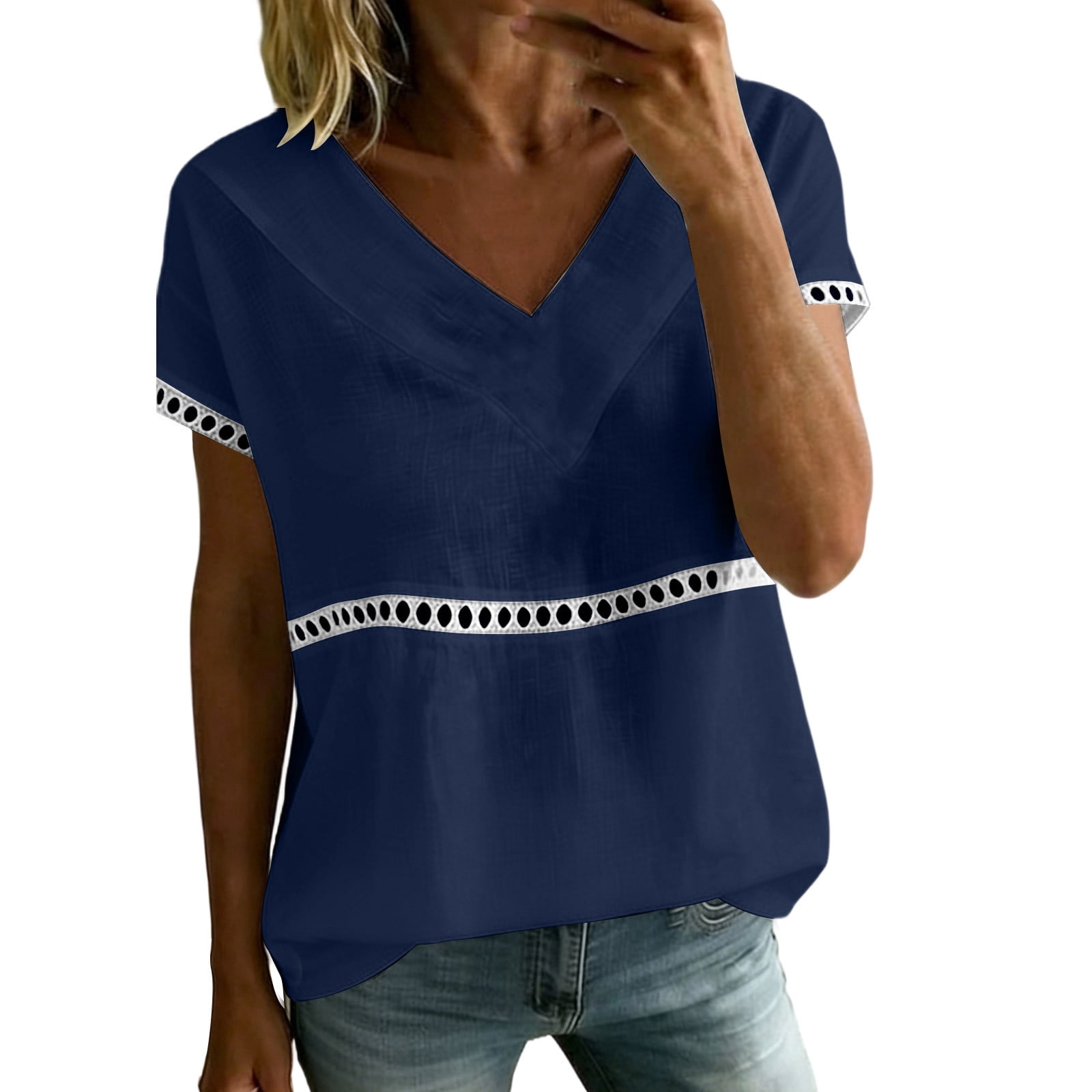 Women's Cotton Lace Accent Shirts Summer Airy V-Neck Short Sleeve ...