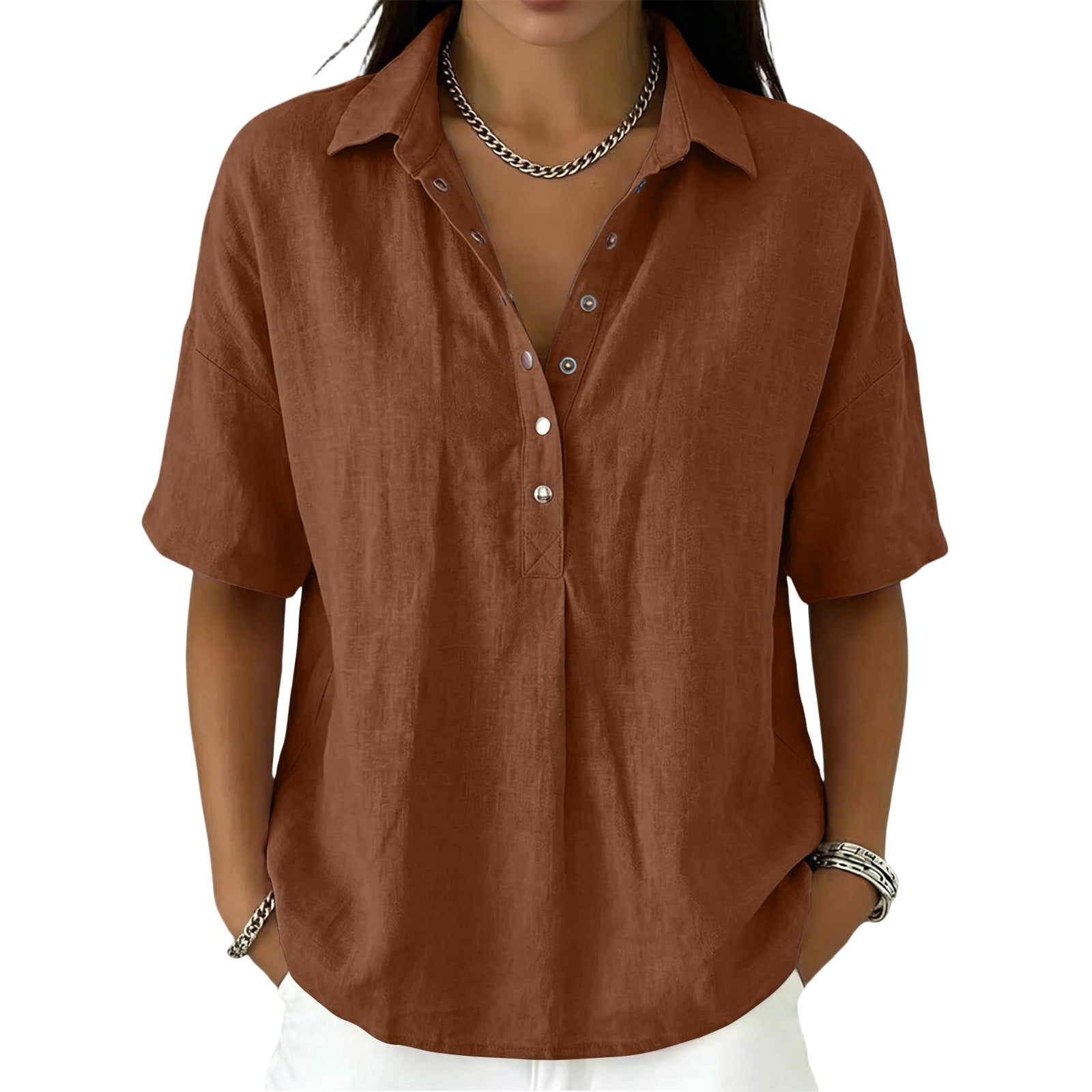 Women’s Cotton Linen Blend Short Sleeve Polo Collar Henley Shirt, Loose ...