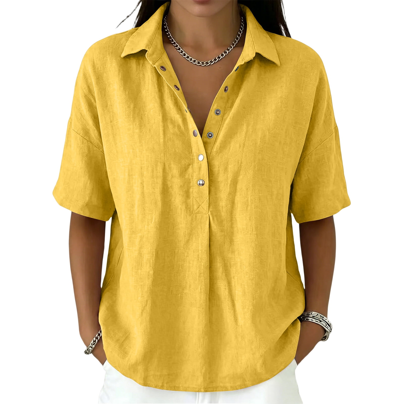 Women’s Cotton Linen Blend Short Sleeve Polo Collar Henley Shirt, Loose ...