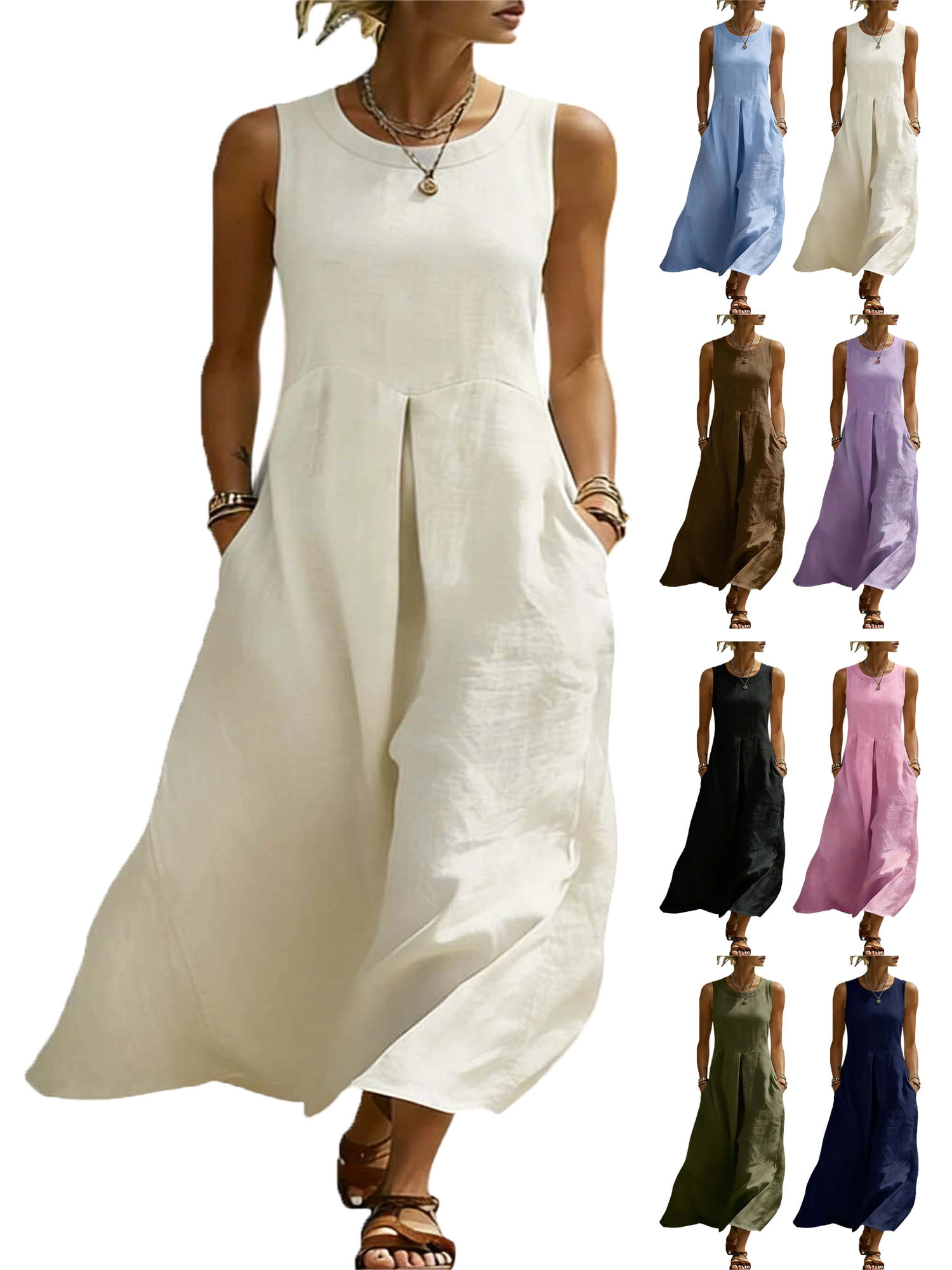 Women's Cotton Linen Dress Sleeveless Loose Dresses Casual Maxi Dress ...