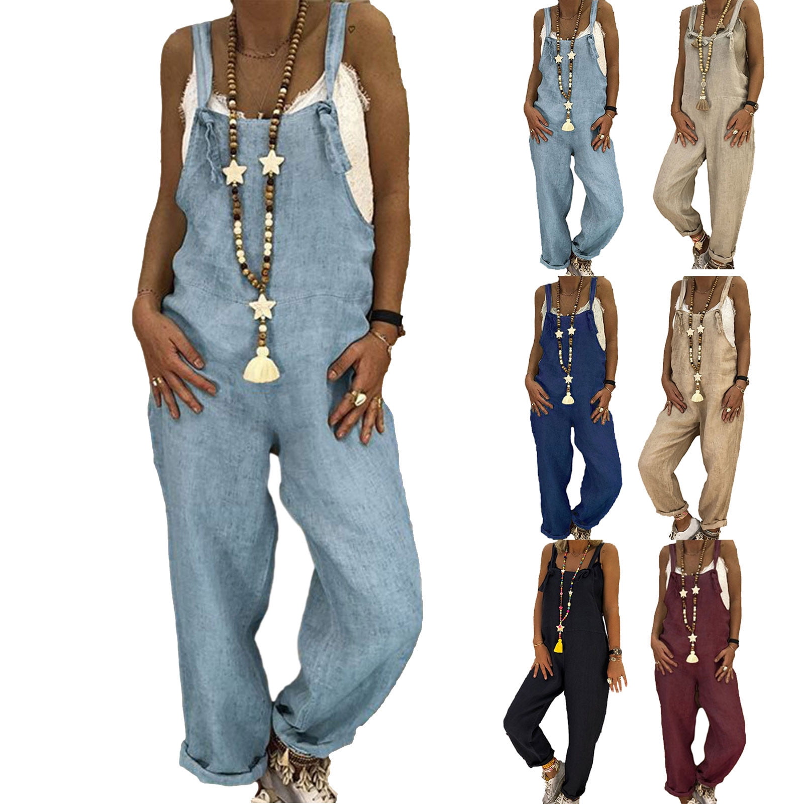 Women's Cotton Linen Jumpsuits Plus Size Overalls Loose Fit Bib ...