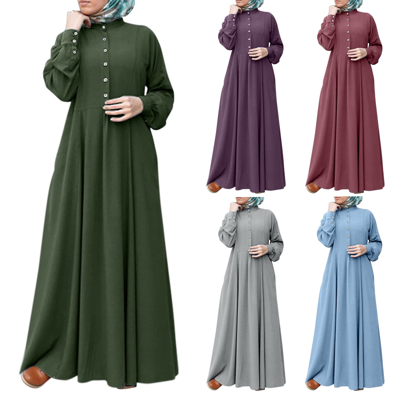 Women's Cotton Linen Long Maxi Dresses Long Sleeve Crewneck Button ...