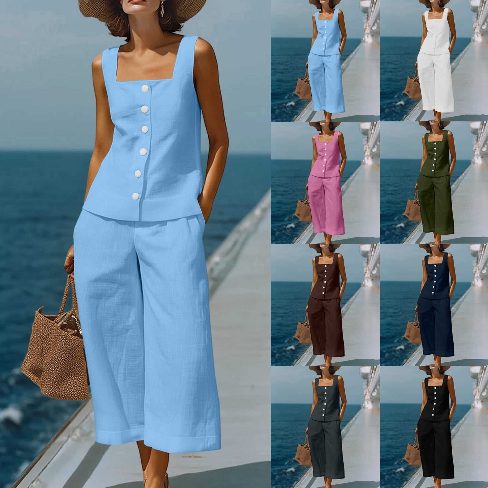Women's Cotton Linen Loose Wide Leg Pants for Women, Mid Elastic Waist ...