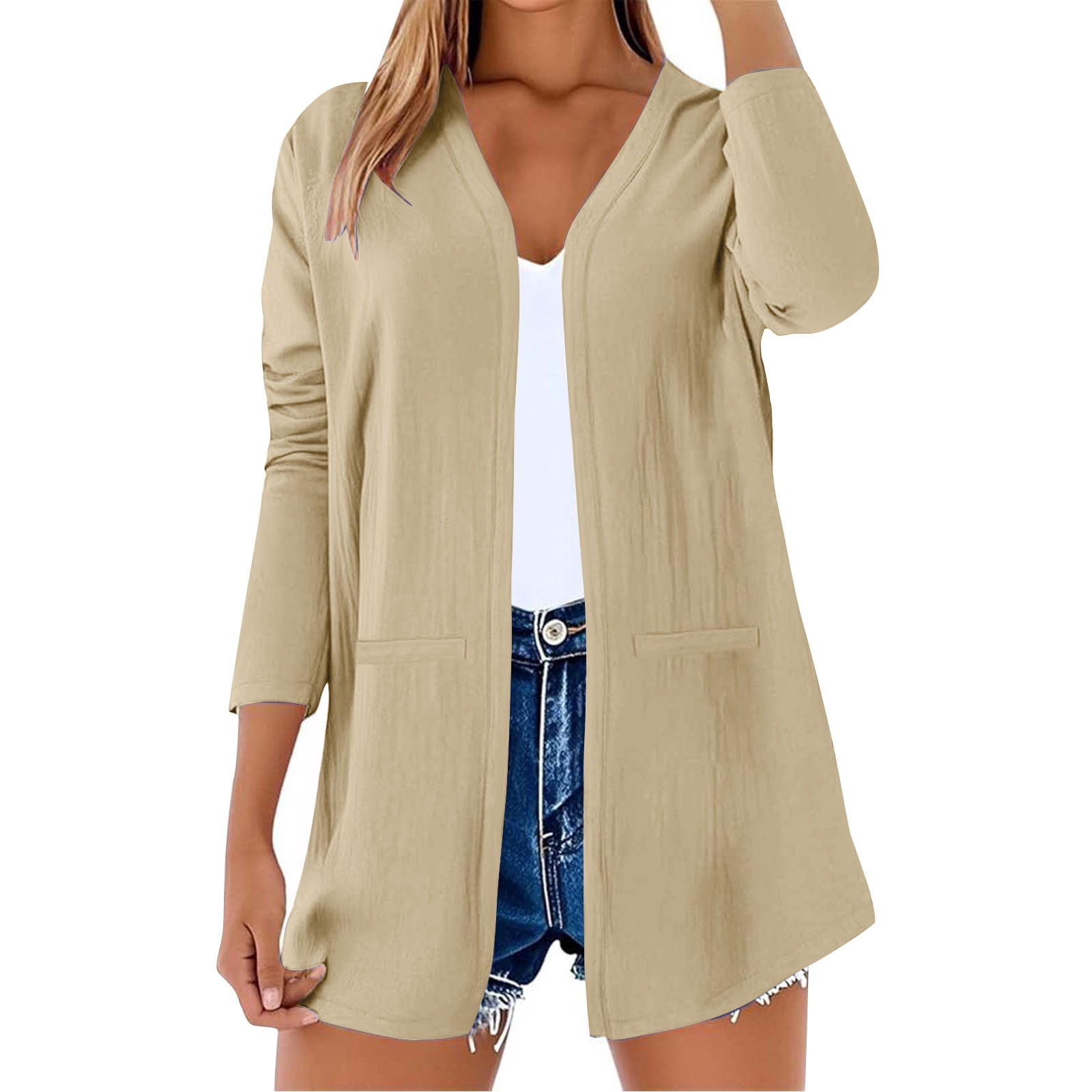 Women's Cotton Linen Open Front Cardigans Long Sleeve Pockets Plus Size ...