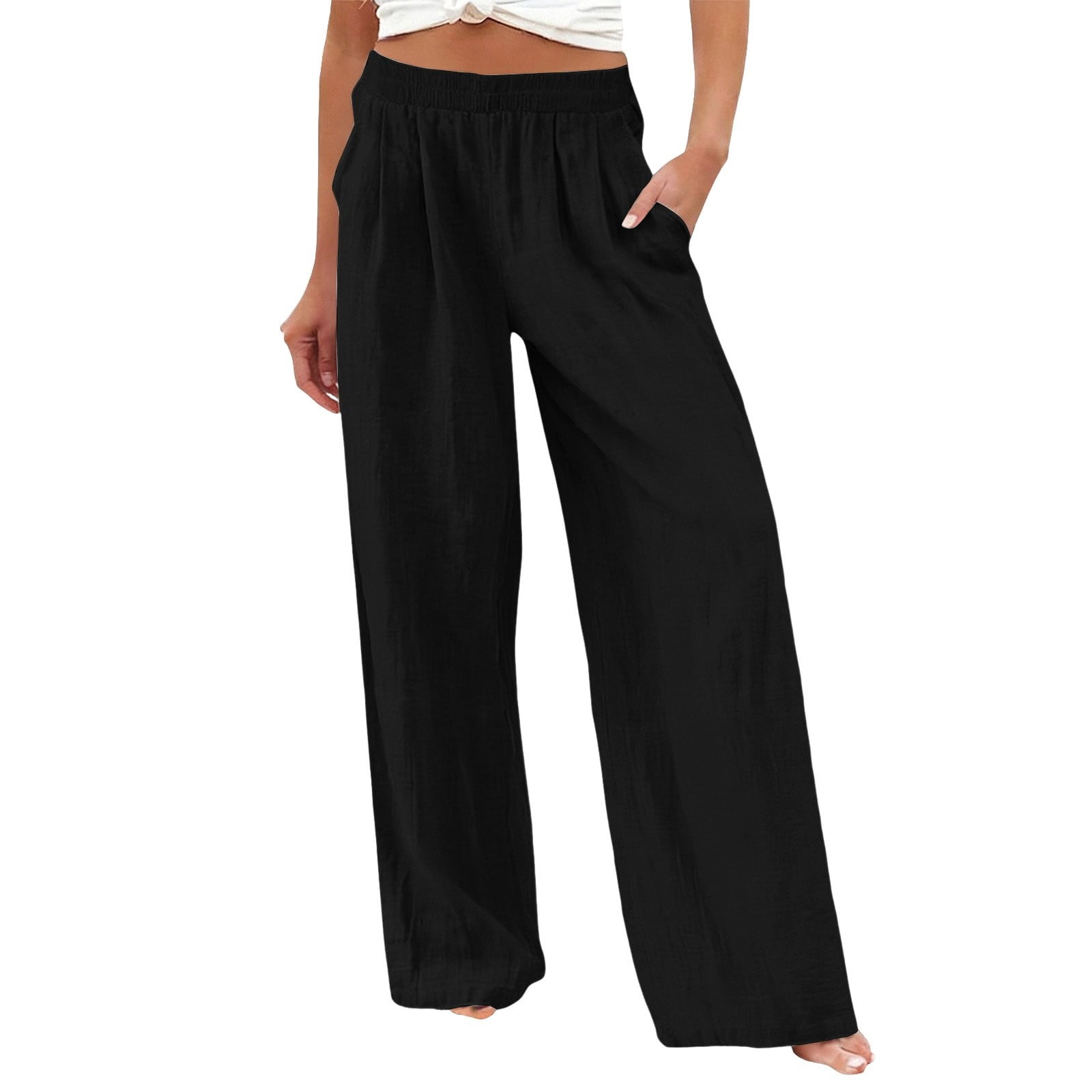 Women's Cotton Linen Palazzo Pants Straight Leg Trousers Gauze Pants ...