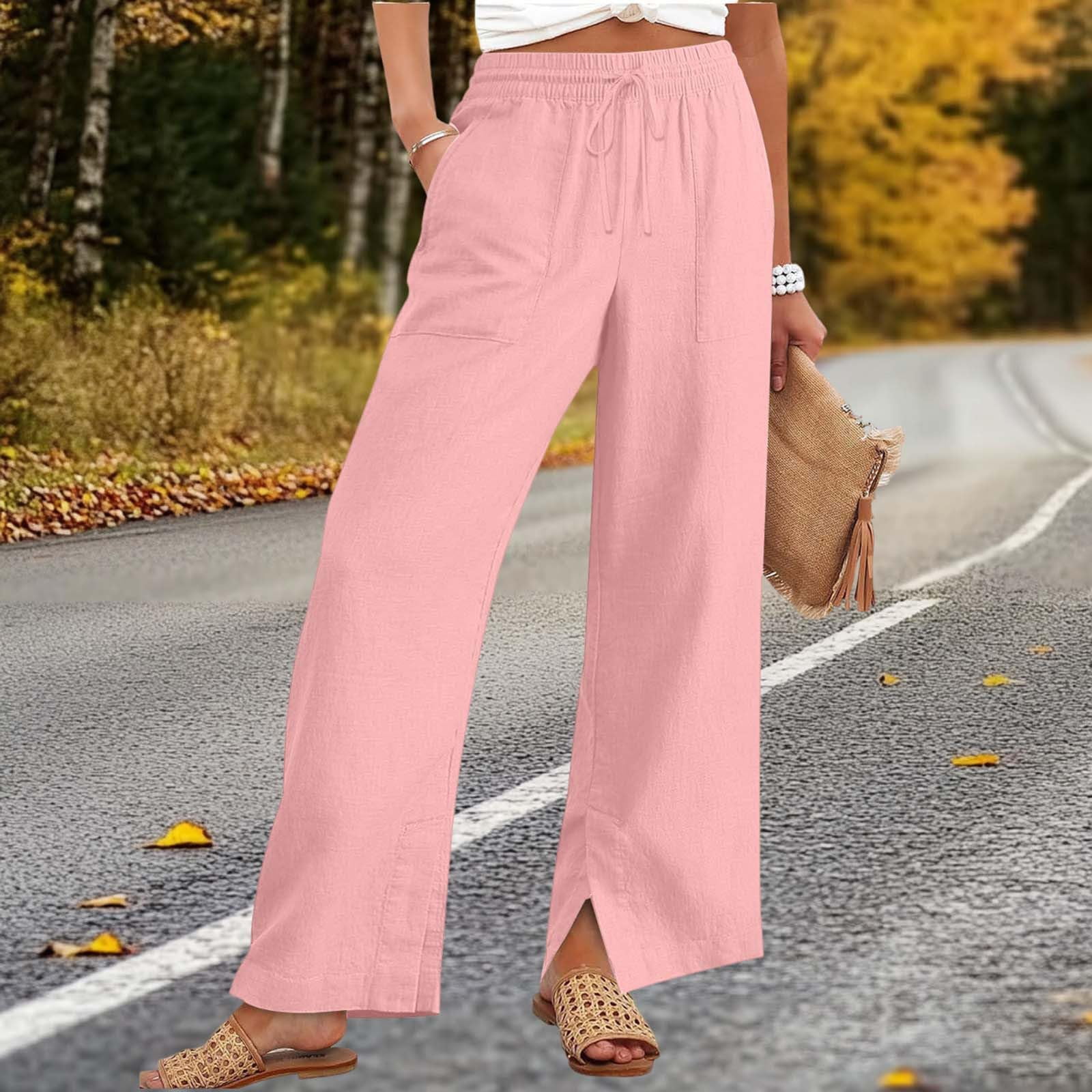 Women's Cotton Linen Pants Drawstring High Waist Lounge Trousers Split ...