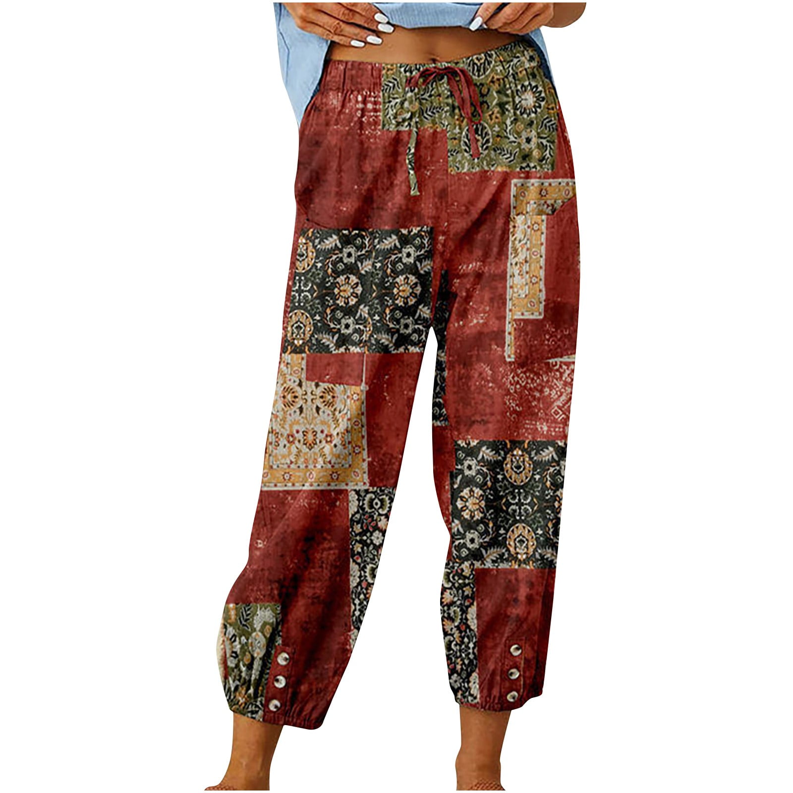 Cotton Linen Capri Pants Plus Size Drawstring Elastic High Waist Lounge ...