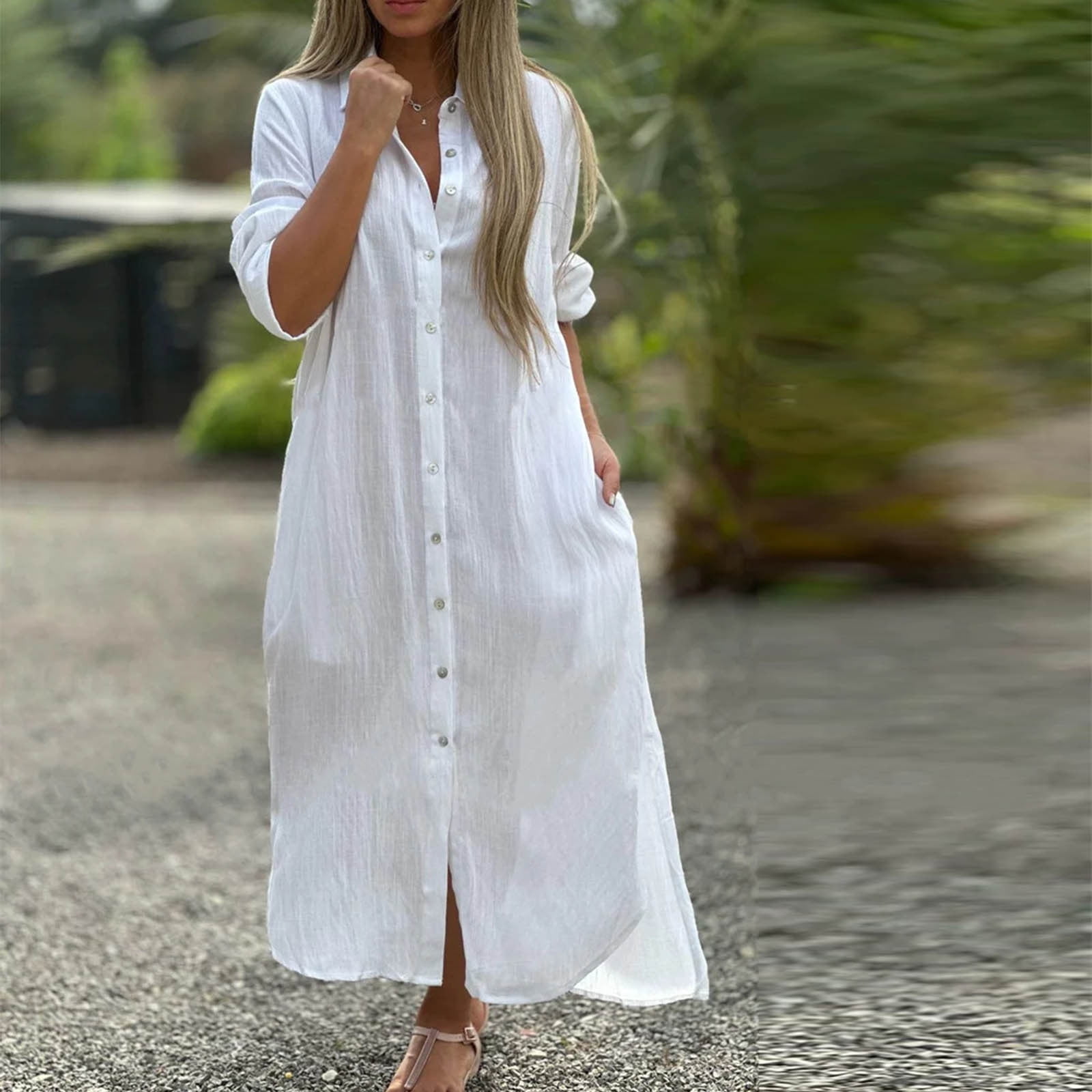 Women's Cotton Linen Shirt Dress Casual Roll-Up Sleeve Button Down Maxi ...