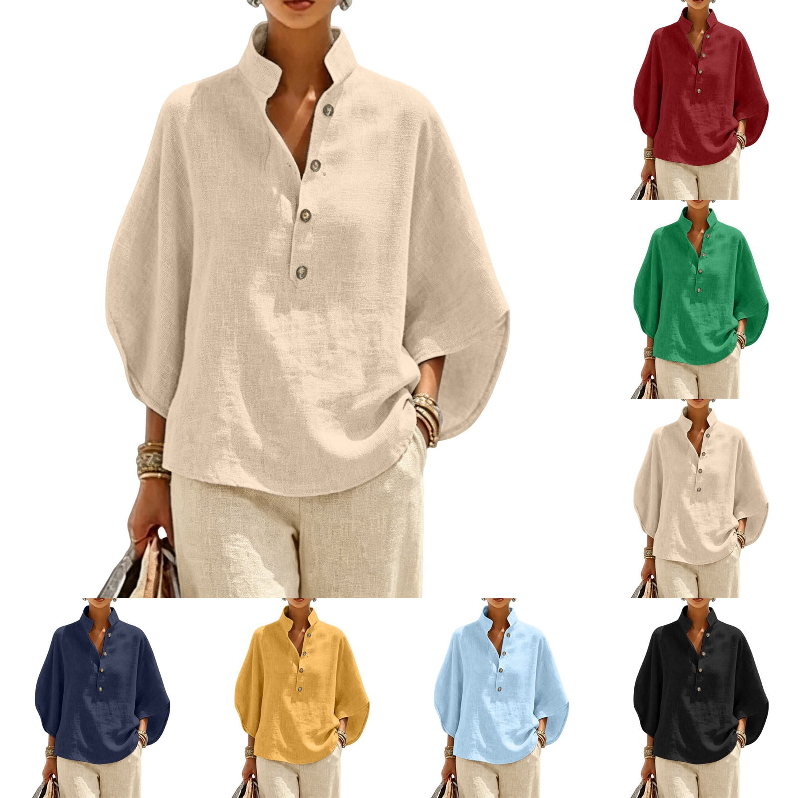 Women's Cotton Linen Shirts Summer Half Sleeve V Neck Casual Blouse Top ...