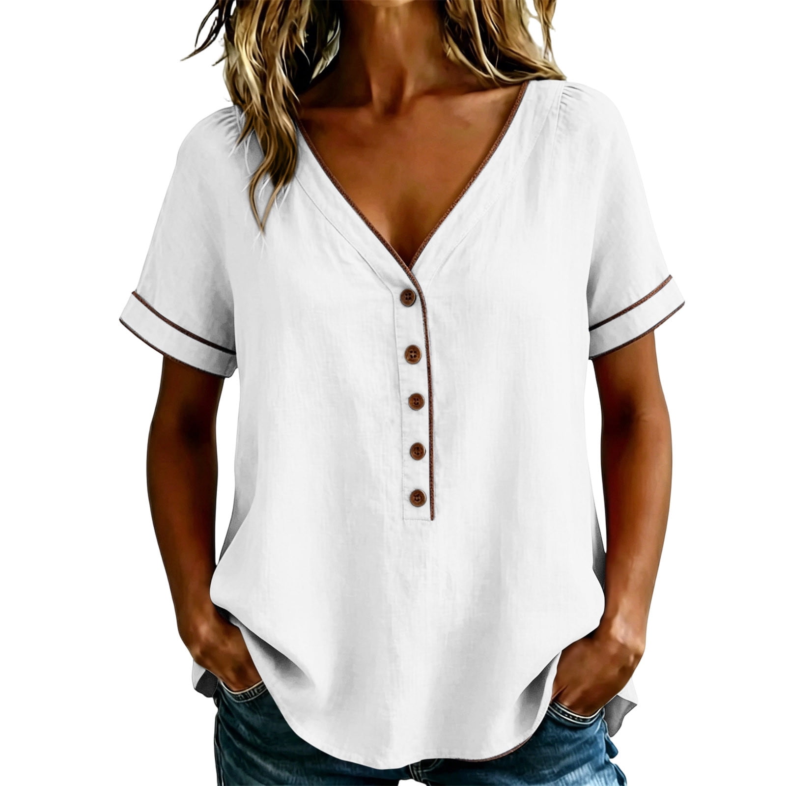 Women's Cotton Linen Short Sleeve Blouses Summer Loose Fit V-Neck ...