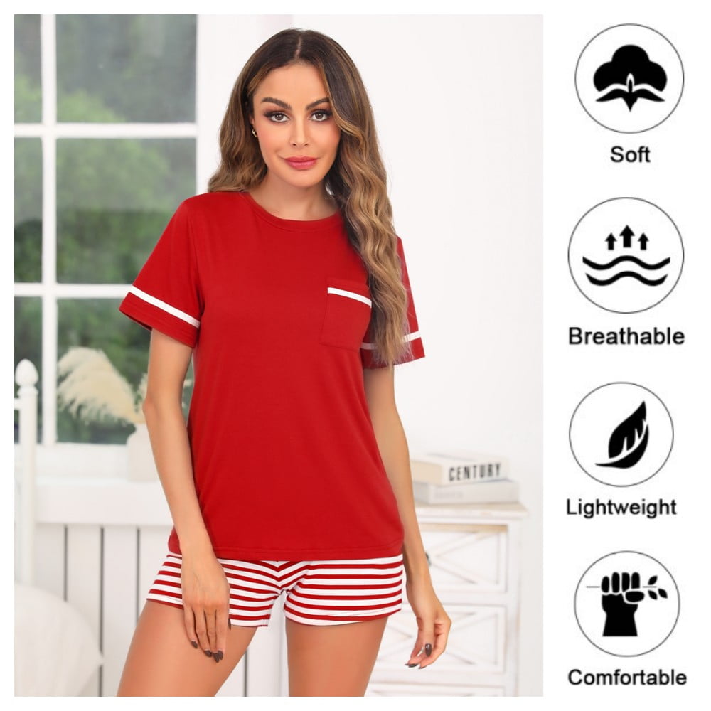 Women's Cotton Pajamas Set Round Neck Short Sleeve and Shorts Pajama ...