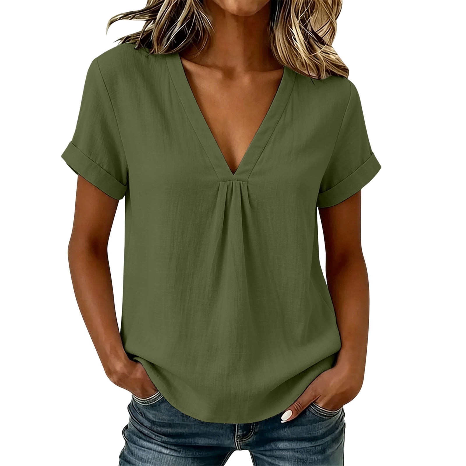 Women's Cotton Pleated Blouse Summer Lightweight Plain V-Neck Short ...