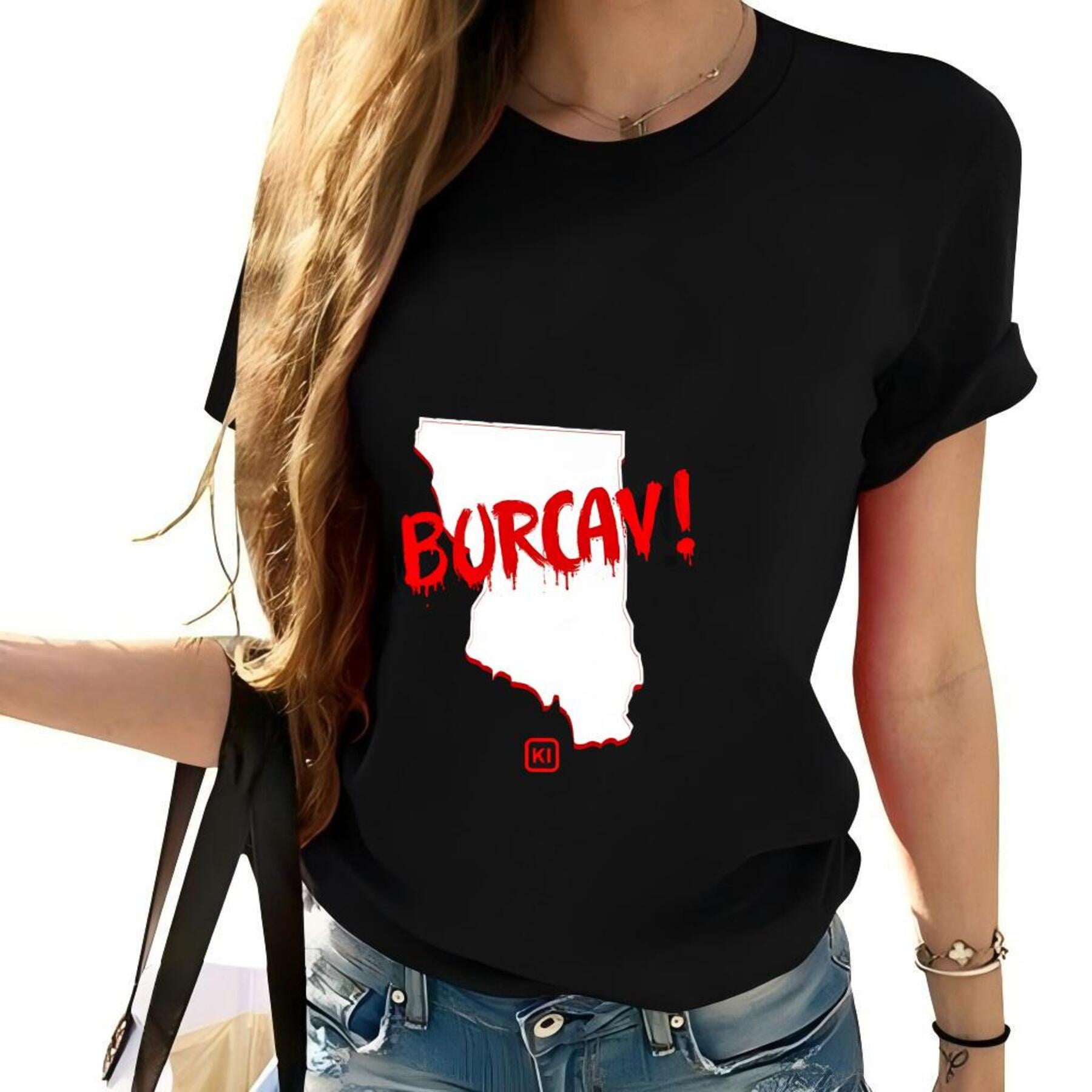 Women's Cotton Short Sleeve T-Shirt with Bold Red ' BURCAV ' Design and ...