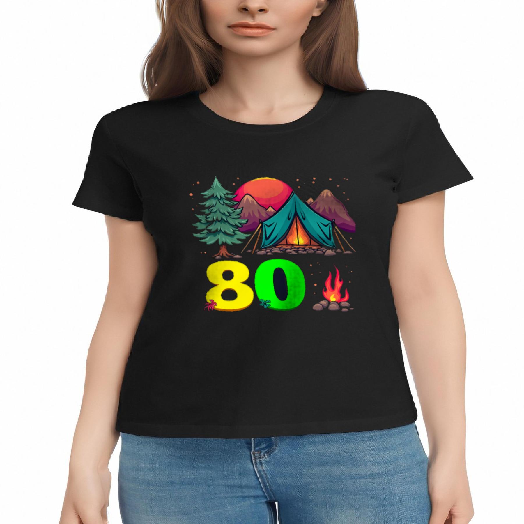 Women's Cotton Short Sleeve T-Shirts - Fun Camping Scene Design with ...
