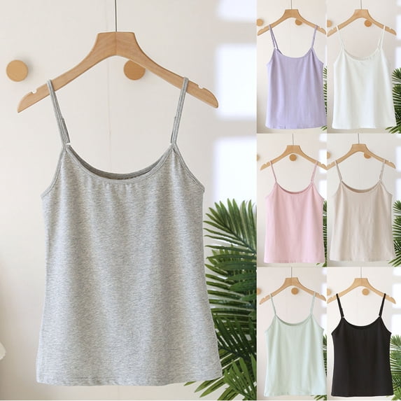 Women's Cotton Spaghetti Strap Camisole with Built-In Bra Round Neck ...