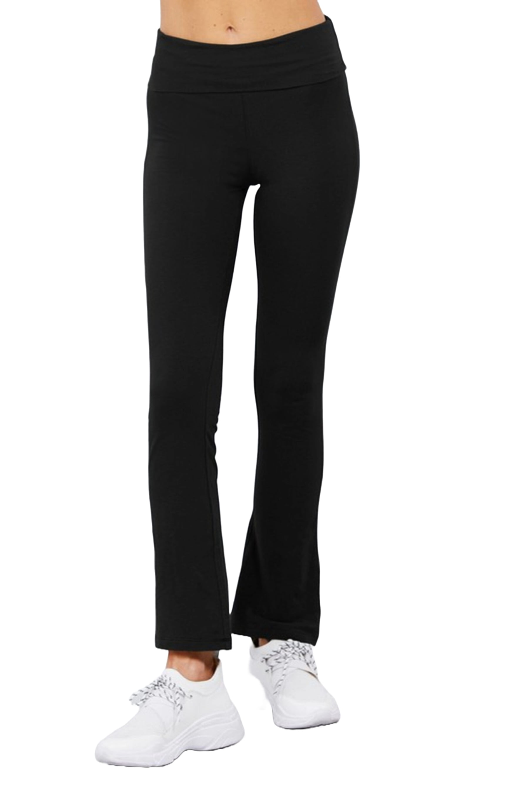 Women's Cotton Spandex Fold Over Waist Yoga Pants Full Length Flare ...