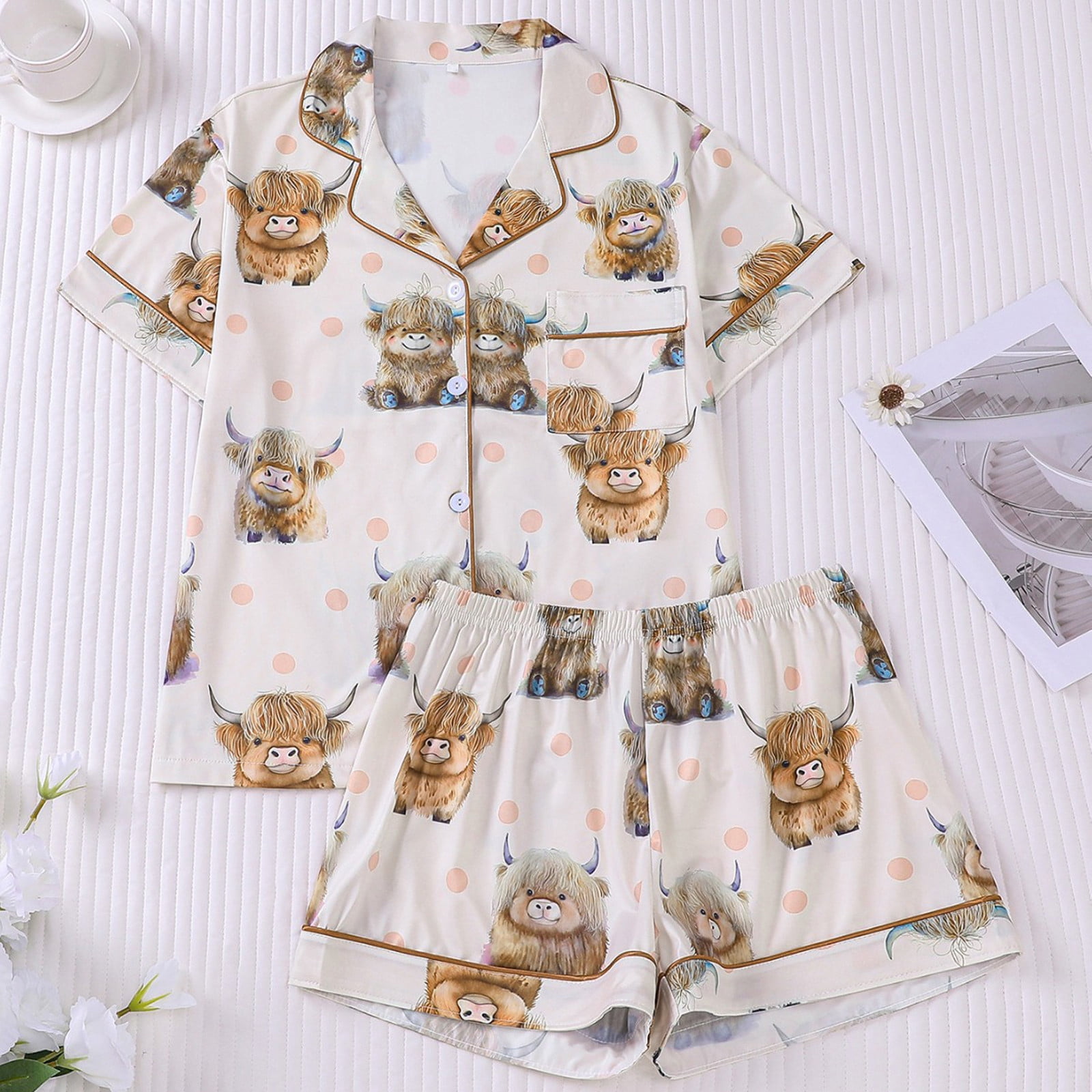 Women's Cow Cartoon Animal Pjs Sets Satin Pajama 2-Piece Sleepwear ...