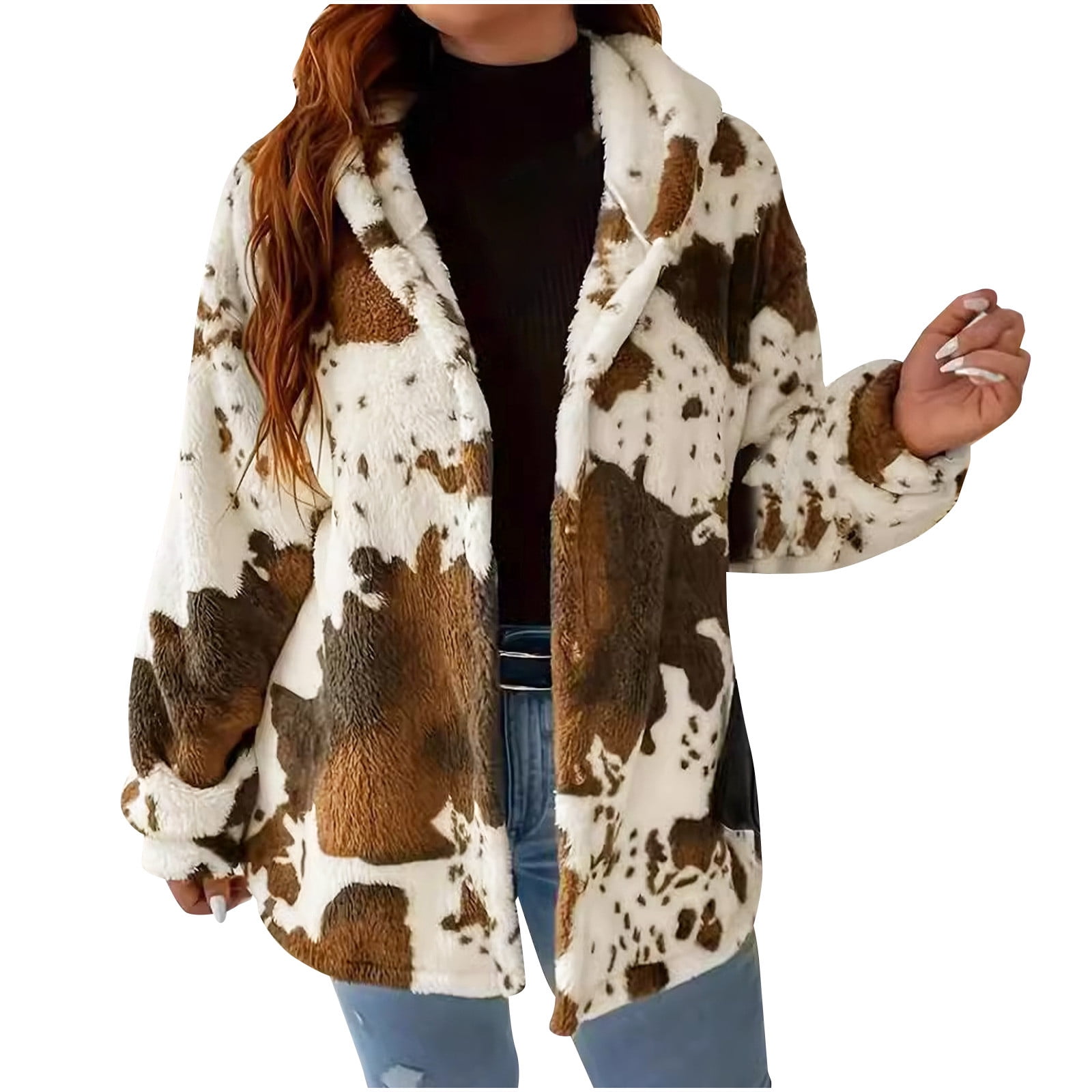 Women's Cow Print Fuzzy Fleece Jacket Hooded Warm Sherpa Coats Faux Fur ...