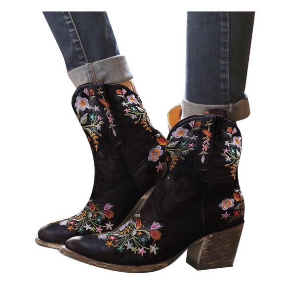 Women's Cowboy Cowgirl Western Boots Embroidered Chunky Heel Ankle Boot ...