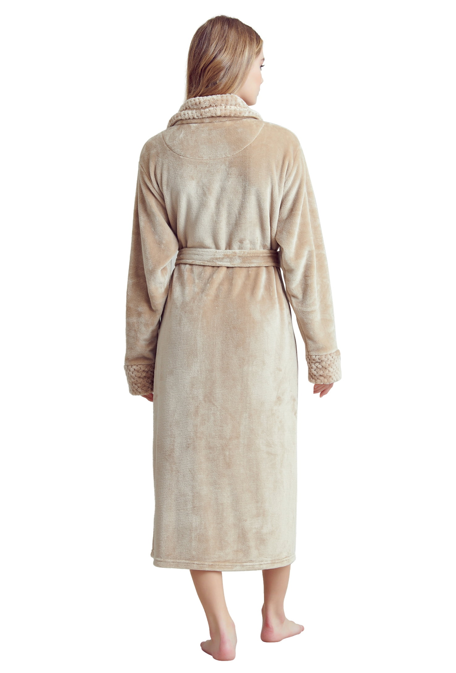 Women's Fleece Long Robe Warm Flannel Sherpa Trim Plush Bathrobe with ...