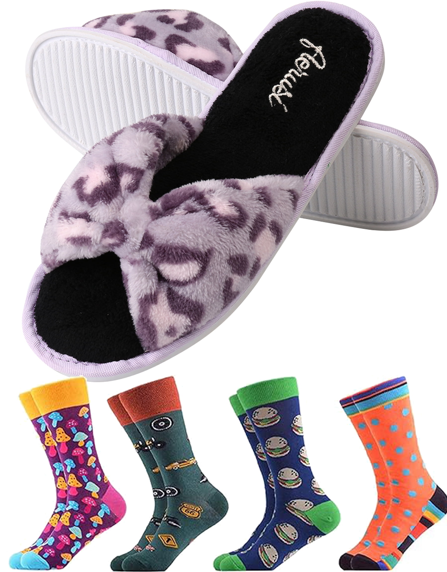 Women's Cozy Home Essential Gift Set – Leopard Memory Foam Slippers & 4 ...