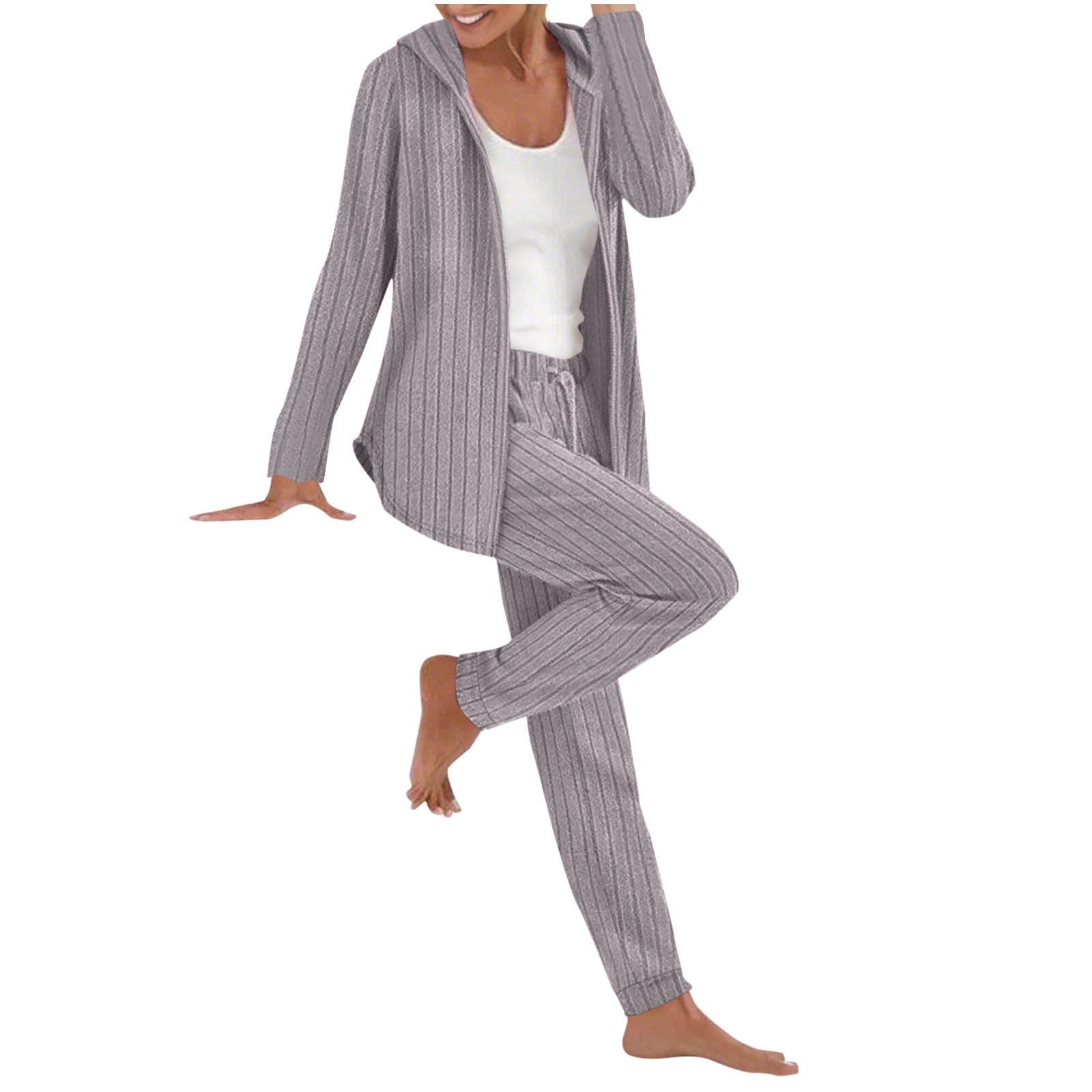 Women's Cozy Lounge Sets Hooded Textured Jacket Loose Pants Knitted Two ...