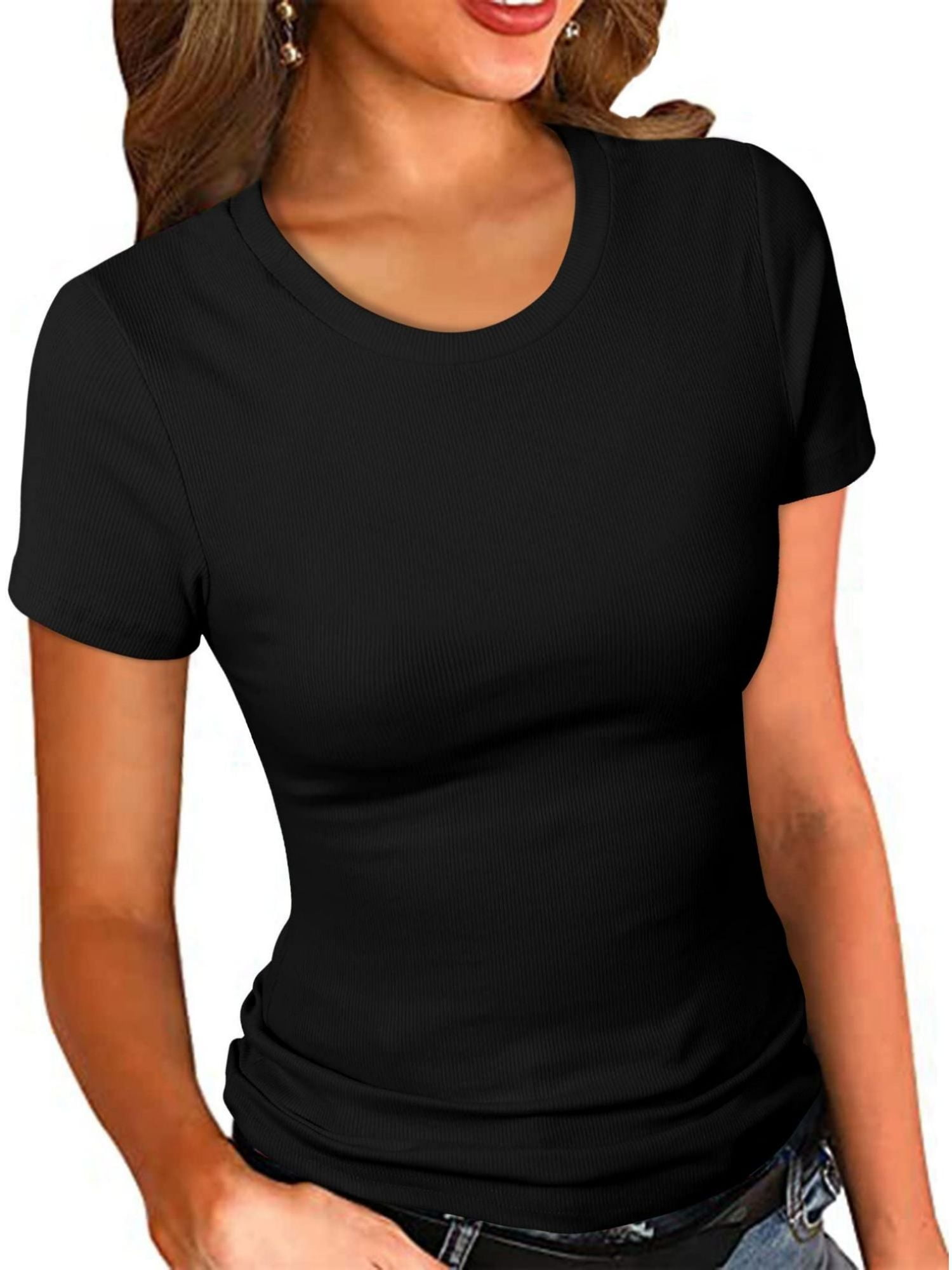 Women's Crew Neck Ribbed Fitted Shirt, Basic Short Sleeves Slim Fit ...