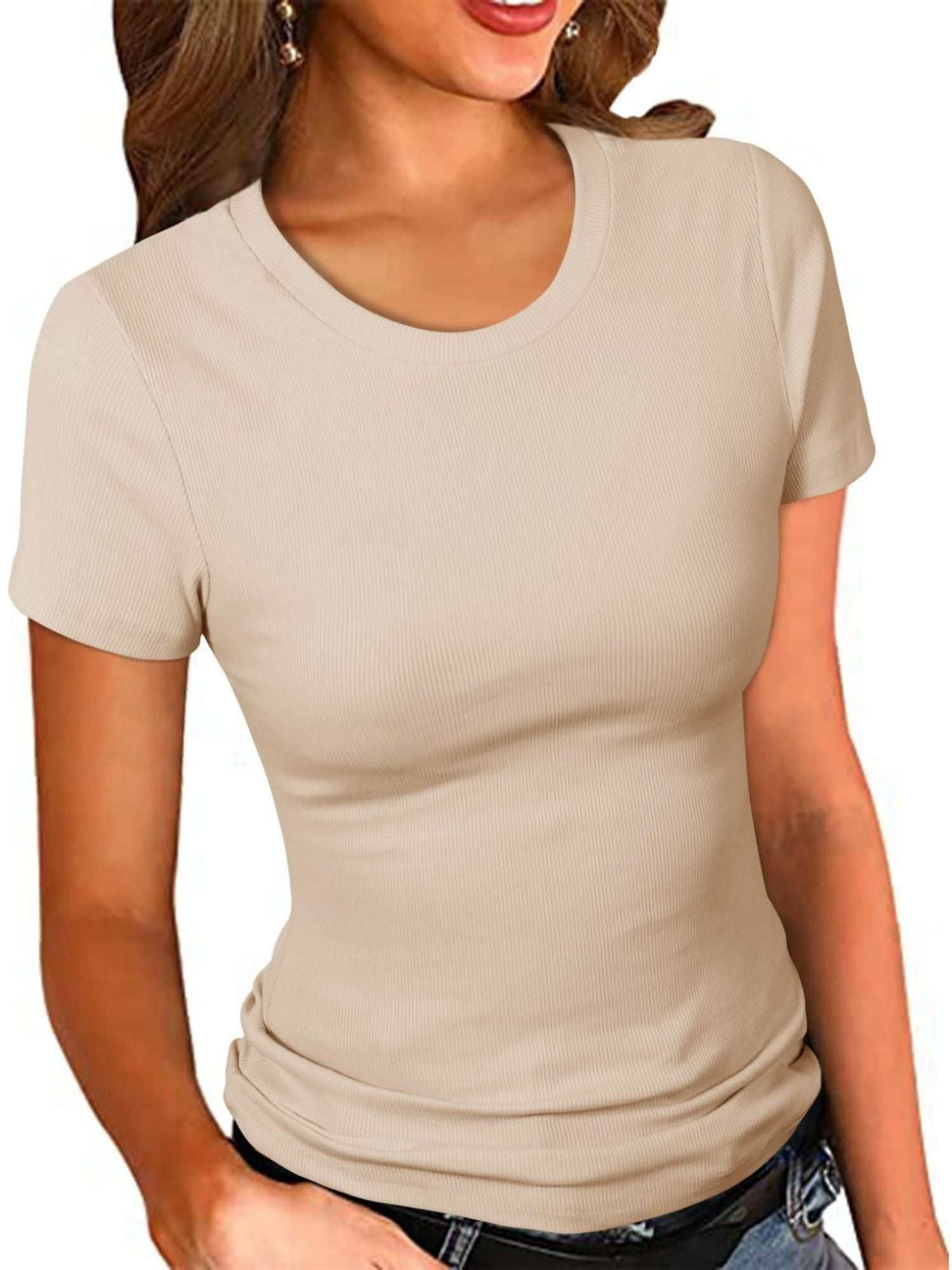 Women's Crew Neck Ribbed Fitted Shirt, Basic Short Sleeves Slim Fit ...