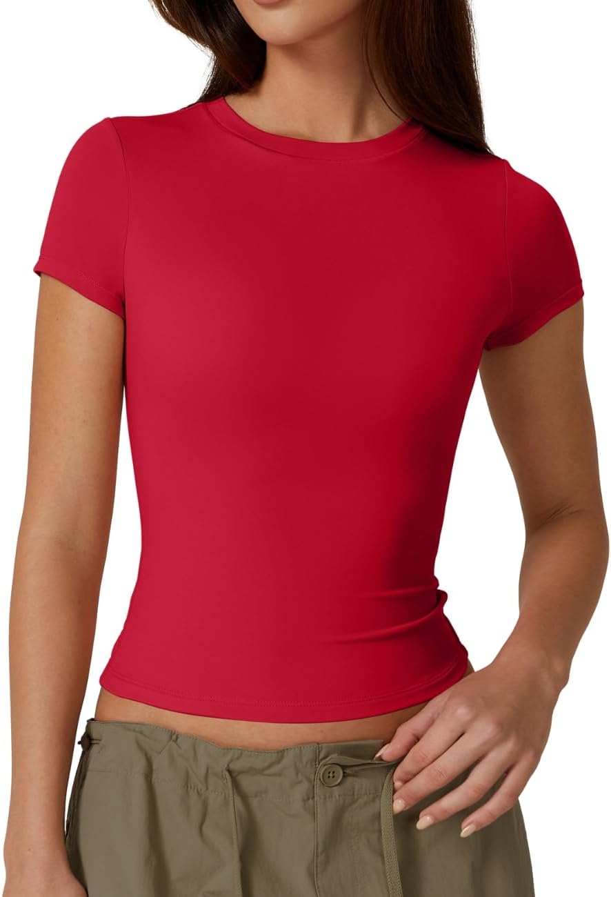 Women's Crew Neck Short Sleeve Double-Layer Tops Basic Slim Fit Going ...