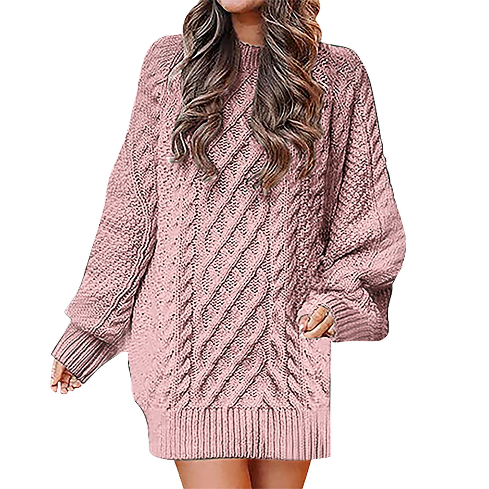 Women's Crewneck Cable Knit Sweater Dress Long Sleeve Slouchy Casual ...