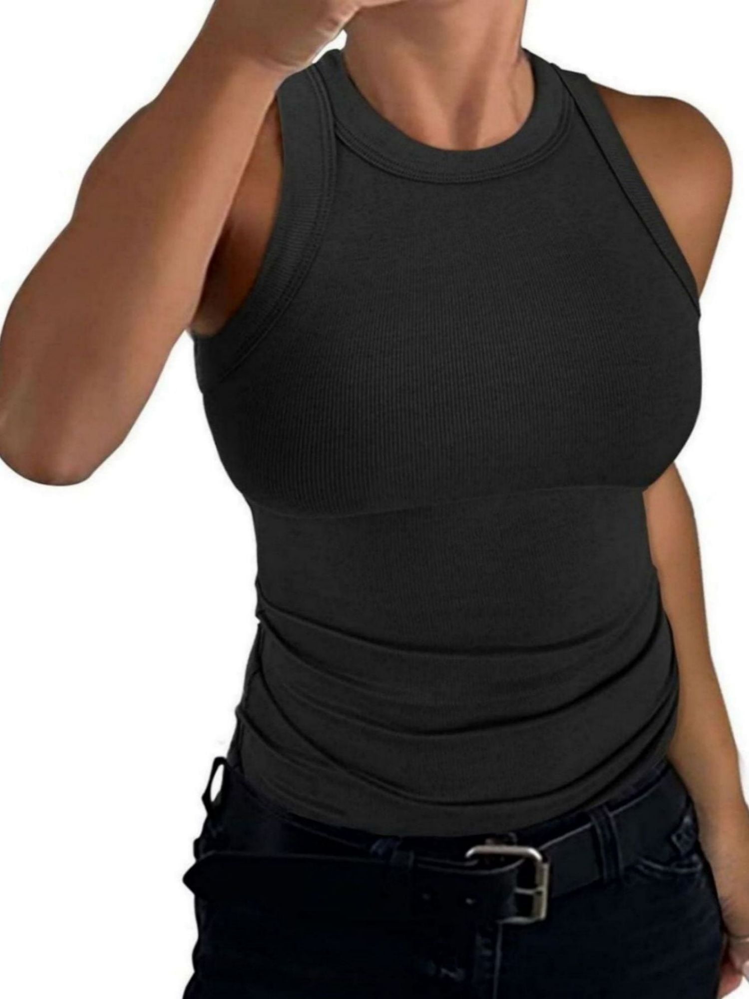 Women's Crewneck Racerback Ribbed Tank Tops Summer Basic High Neck Sleeveless Slim Fit Crop Tops ...