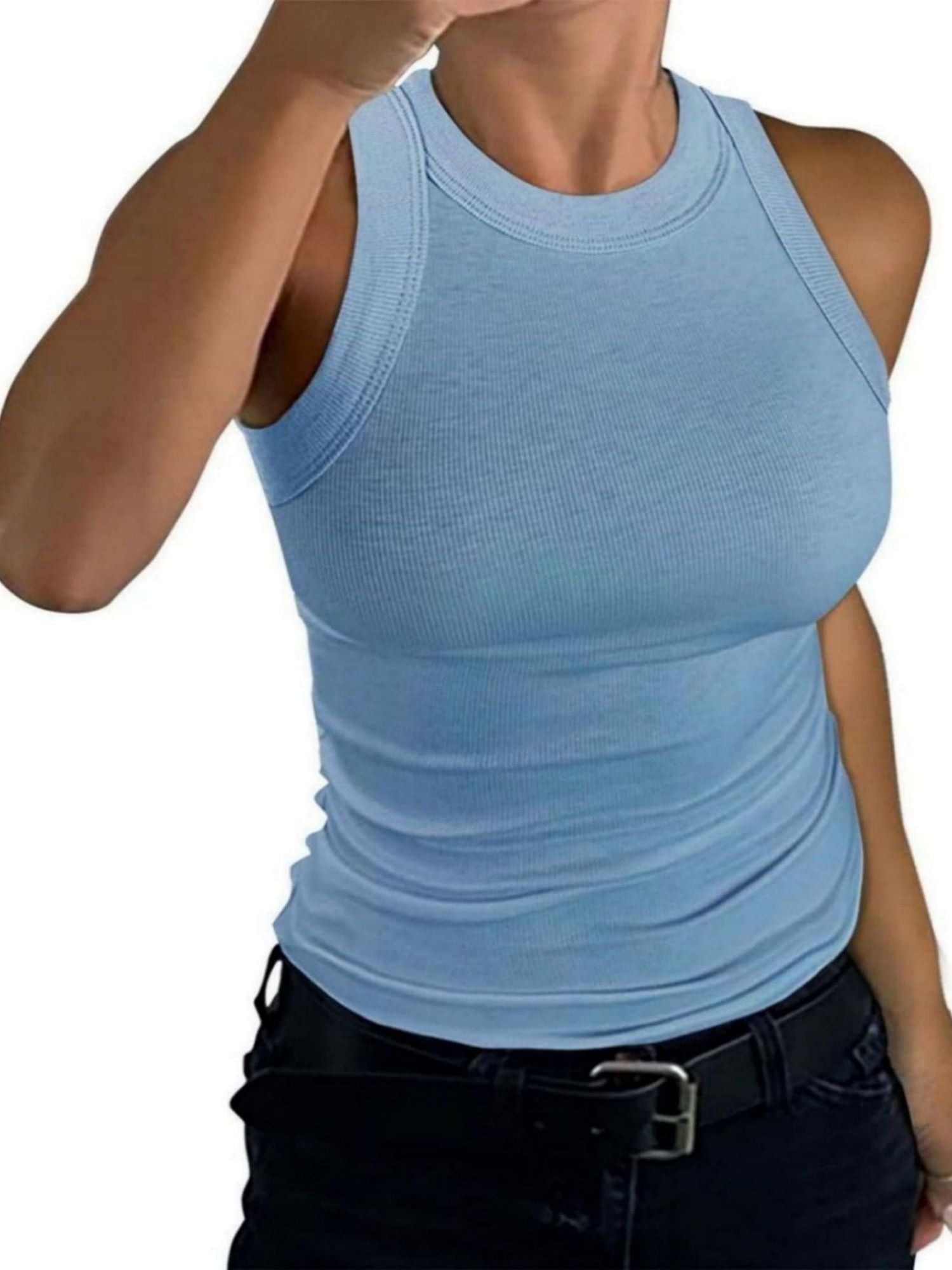 Women's Crewneck Racerback Ribbed Tank Tops Summer Basic High Neck ...